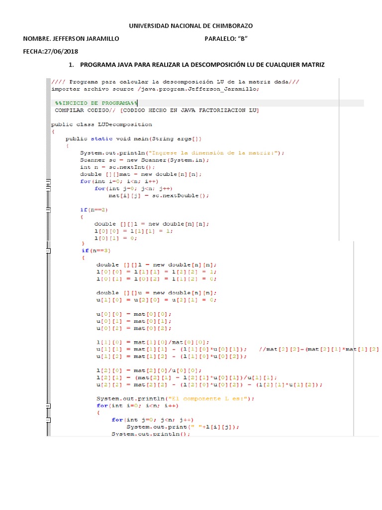 Programa Java para Realizar La Descomposición Lu de Cualquier Matriz | PDF