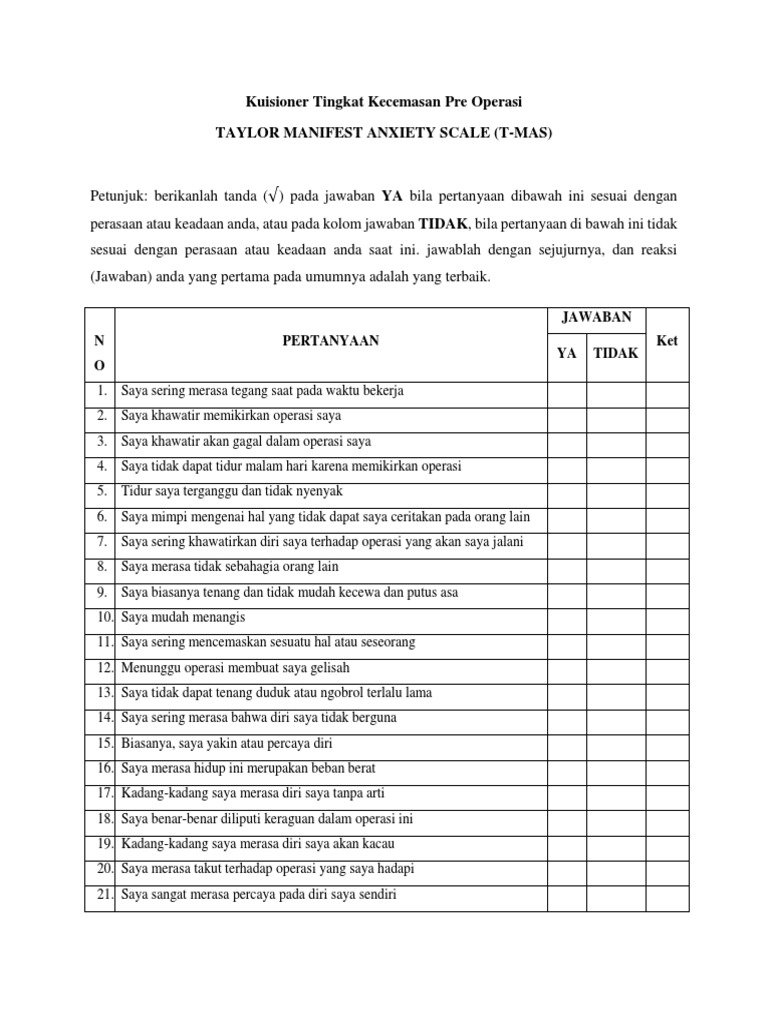 Kuesioner Kecemasan Pre Operasi | PDF