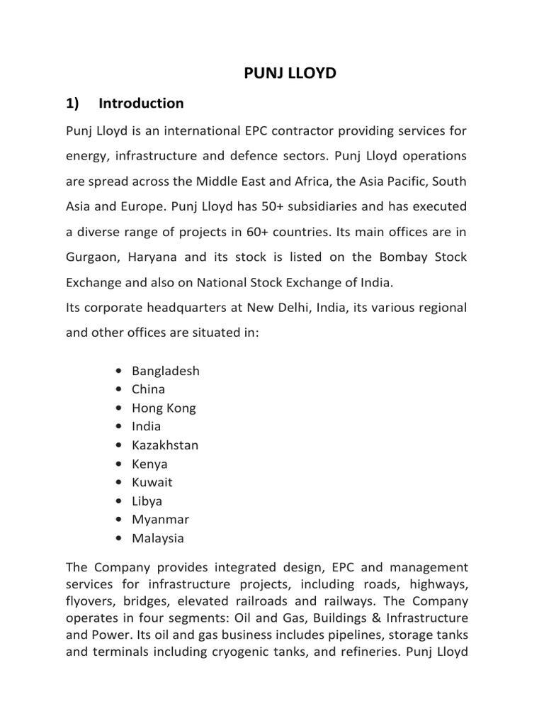 Punj Lloyd: Global EPC Contractor Overview | PDF | Oil Refinery | Business