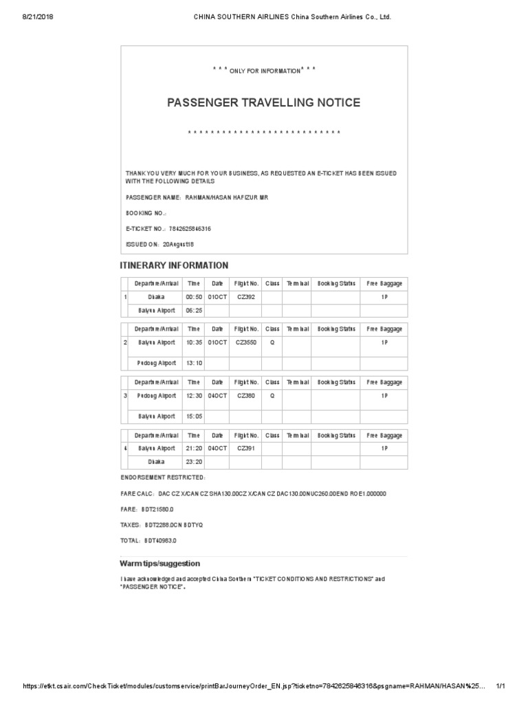 China Southern Airlines E-Ticket Details | PDF | Service Industries ...