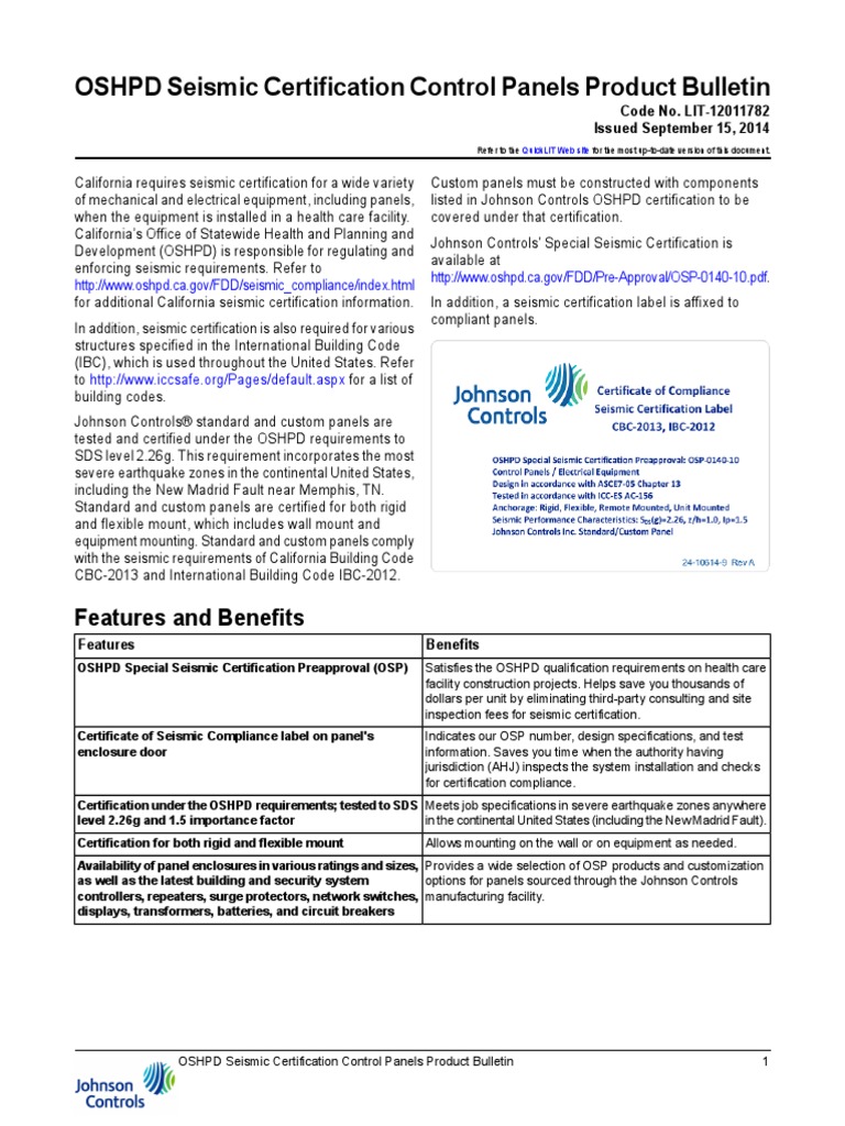 OSHPD Seismic Certification Control Panels Product Bulletin: Features ...