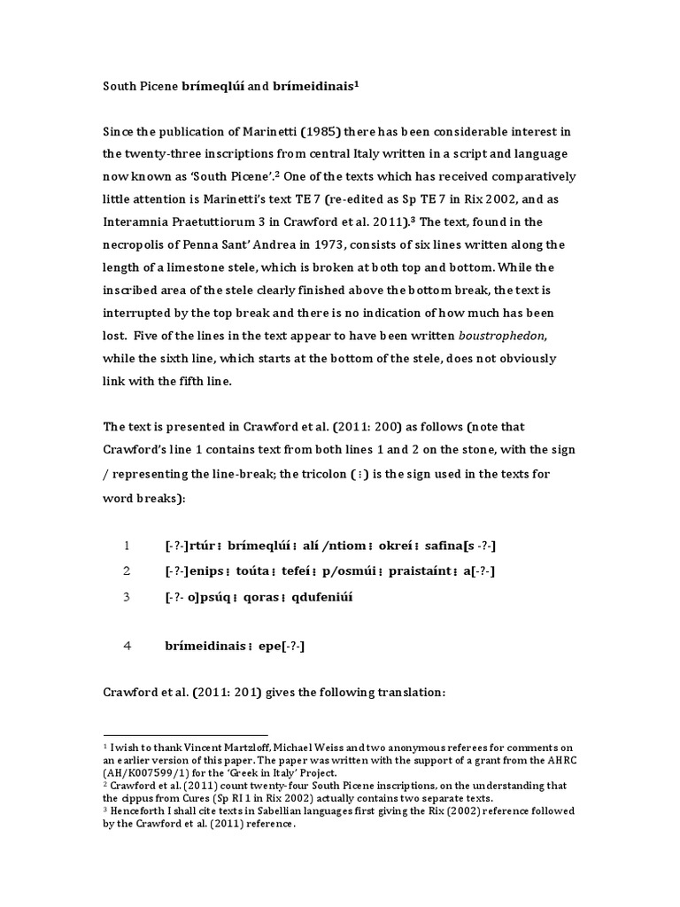 South Picene Brimeqlui and Brimeidinais | PDF | Latin | Adjective