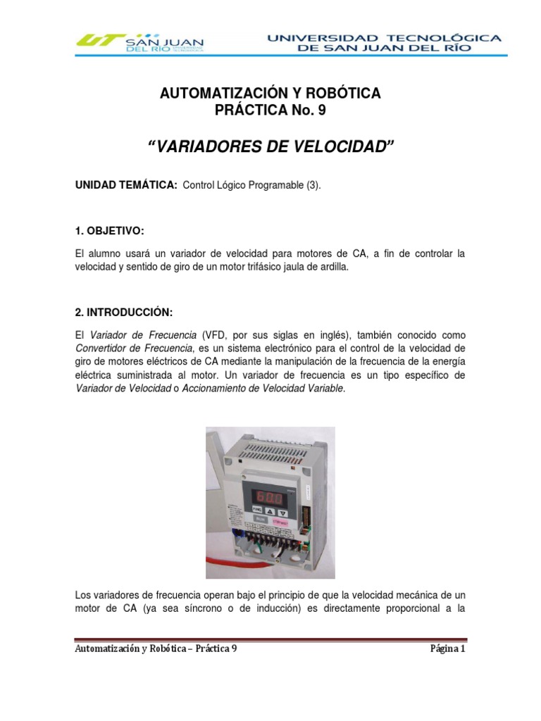 Practica 9 Variadores de Velocidad PDF | PDF | Ingenieria Eléctrica | Bienes manufacturados