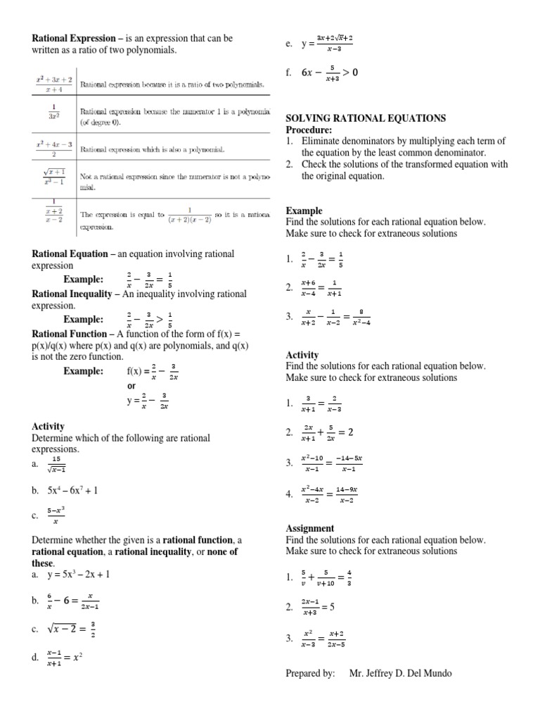 Solving Rational Equations | PDF | Inequality (Mathematics) | Equations