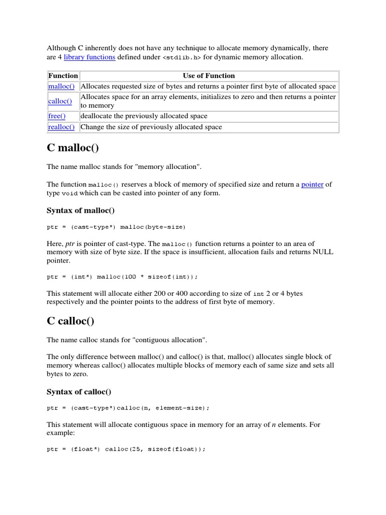 C Malloc : Function Use of Function | PDF | Pointer (Computer Programming) | C (Programming ...
