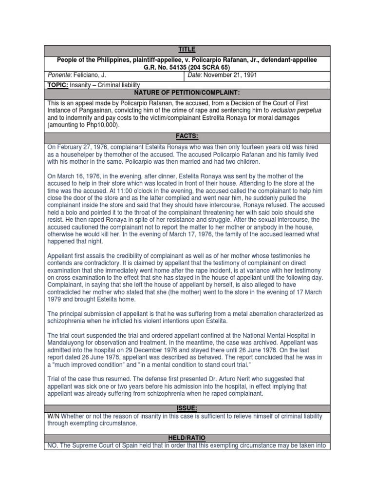 53 People v. Rafanan 204 SCRA 65 | PDF | Insanity Defense | Burden Of ...