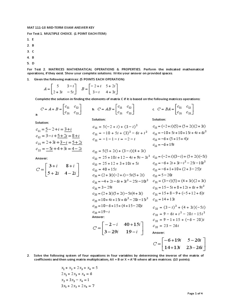 MAT111-18 MExam Answer Key | PDF | Matrix (Mathematics) | Linear Algebra