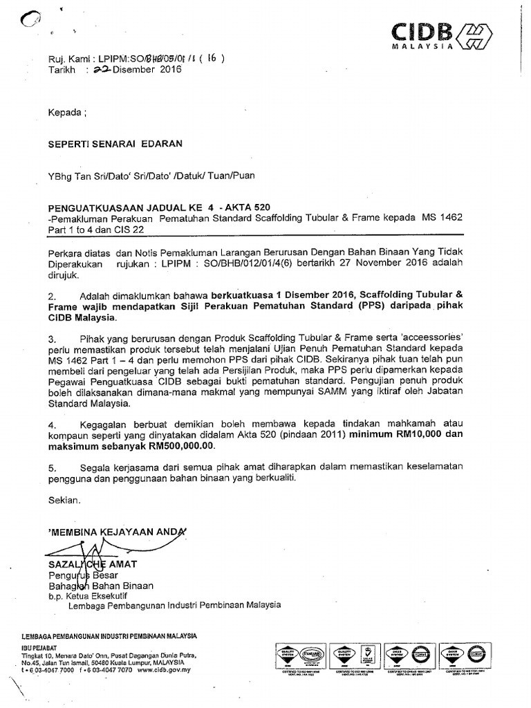 Pemakluman Perakuan Pematuhan Standard Bagi Perancah (Scaffolding) - 22 ...
