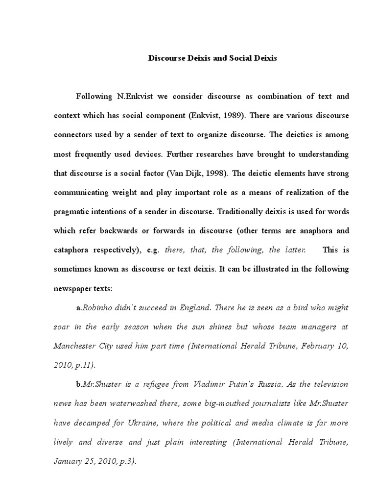 Discourse Deixis and Social Deixis | PDF | Linguistics | Communication