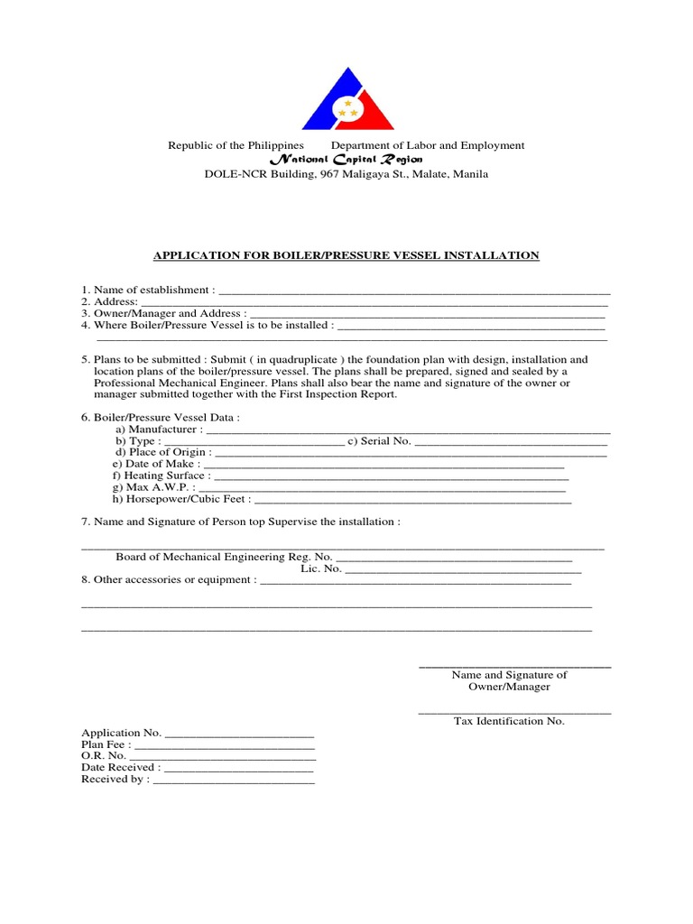 Boiler/Pressure Vessel Installation Application | PDF | Boiler | Energy ...