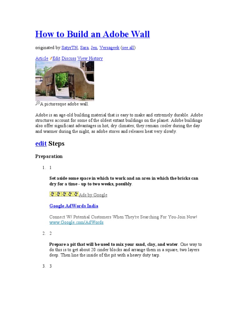 Building an Adobe Wall: A Guide | PDF | Mud | Volume