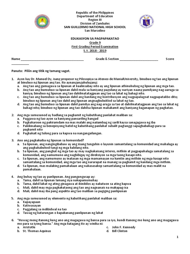 ESP 9 Exam - First Grading | PDF