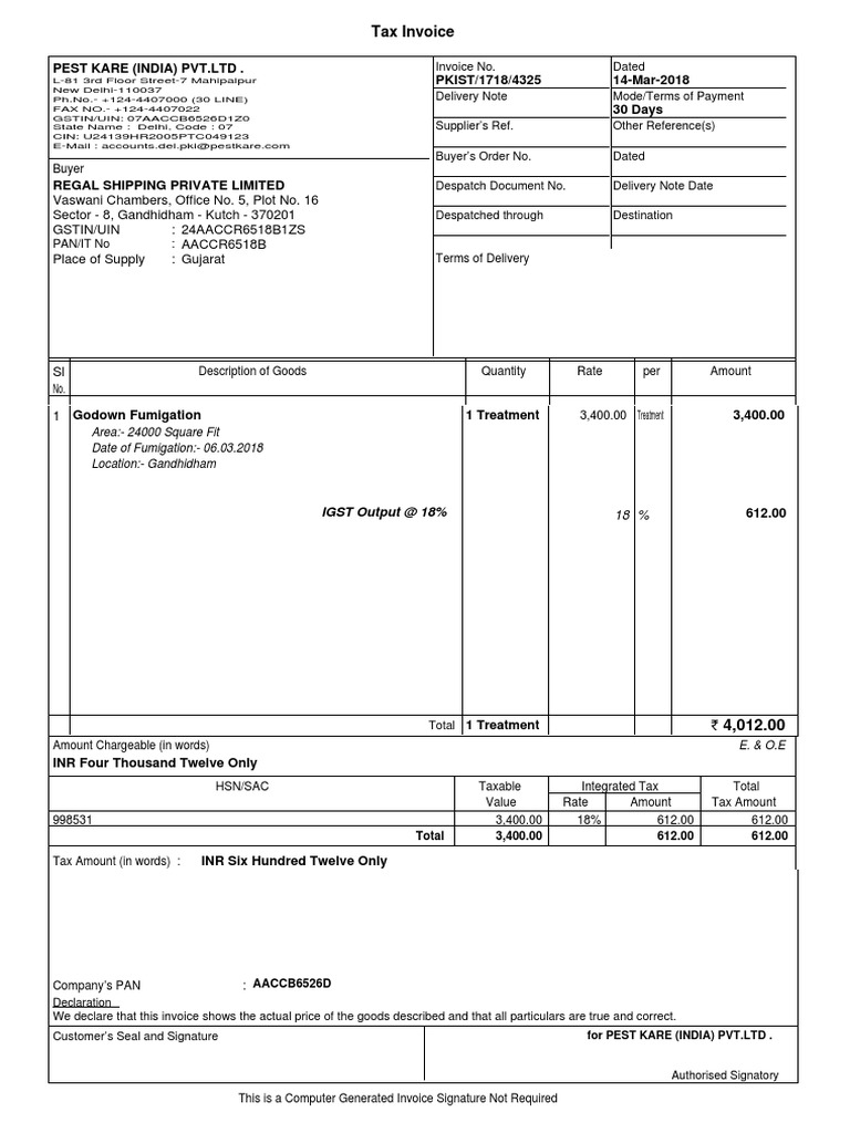 Godown Fumigation Services Tax Invoice for Regal Shipping Private ...