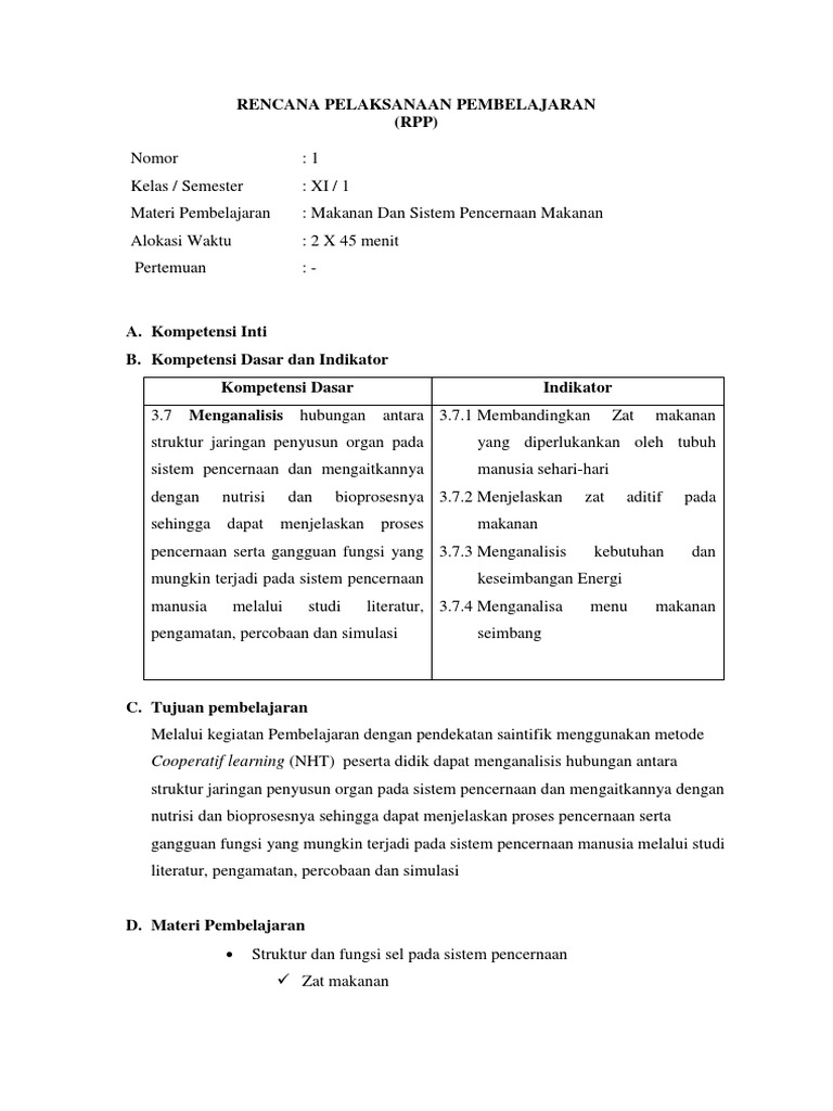 RPP 1. Sistem Pencernaan NHT | PDF