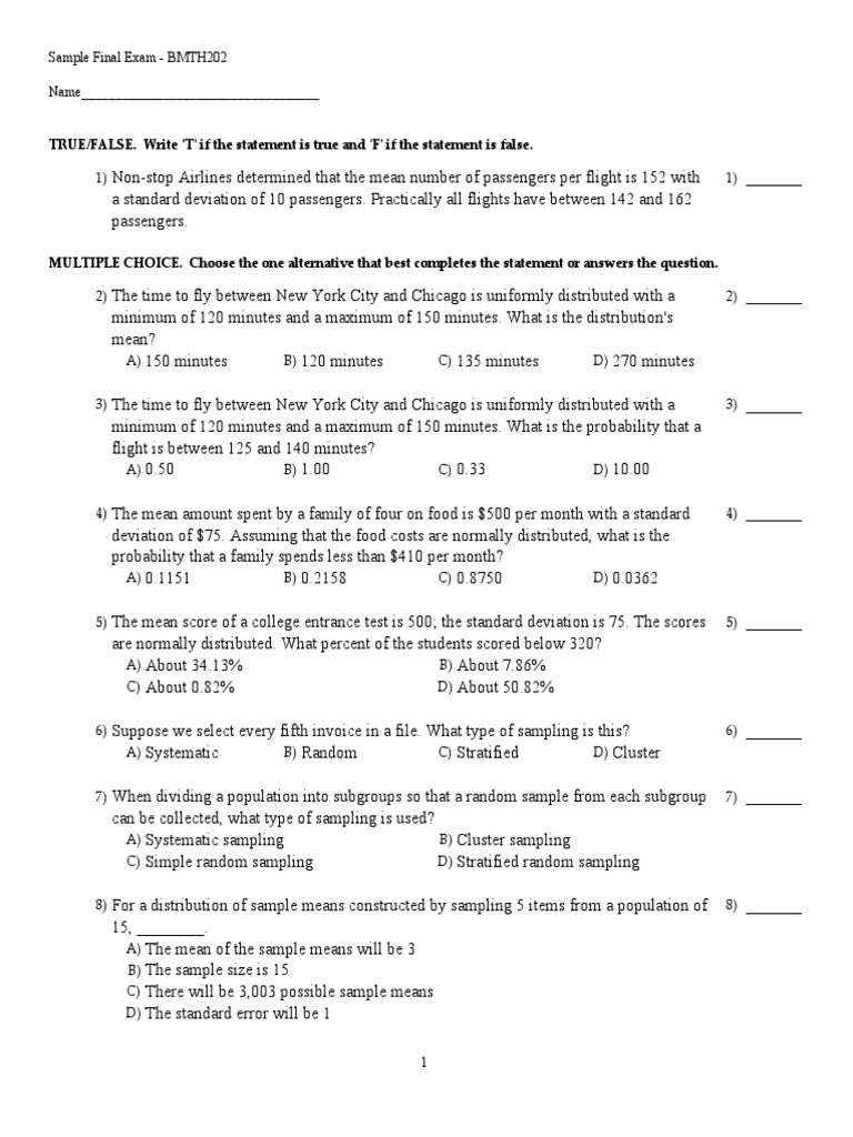 Sample of Final Exam PDF | PDF | Statistical Significance | Sampling ...