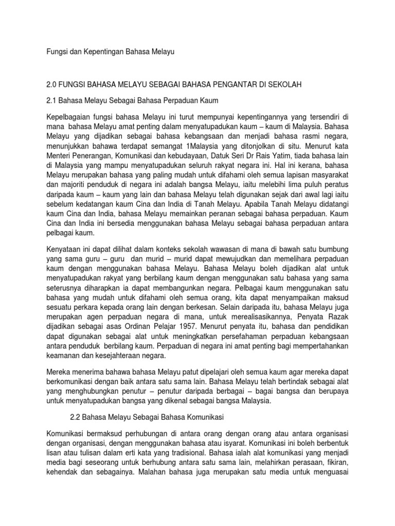 Fungsi Dan Kepentingan Bahasa Melayu | PDF