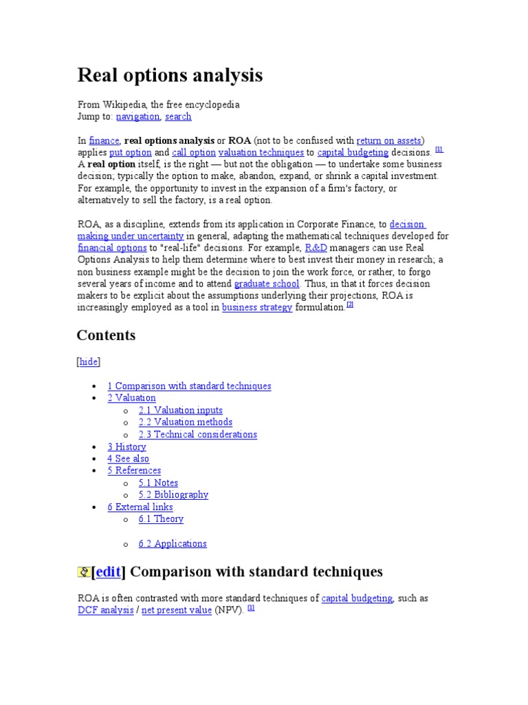 Summary and Introduction To Real Options Analysis | PDF | Option ...
