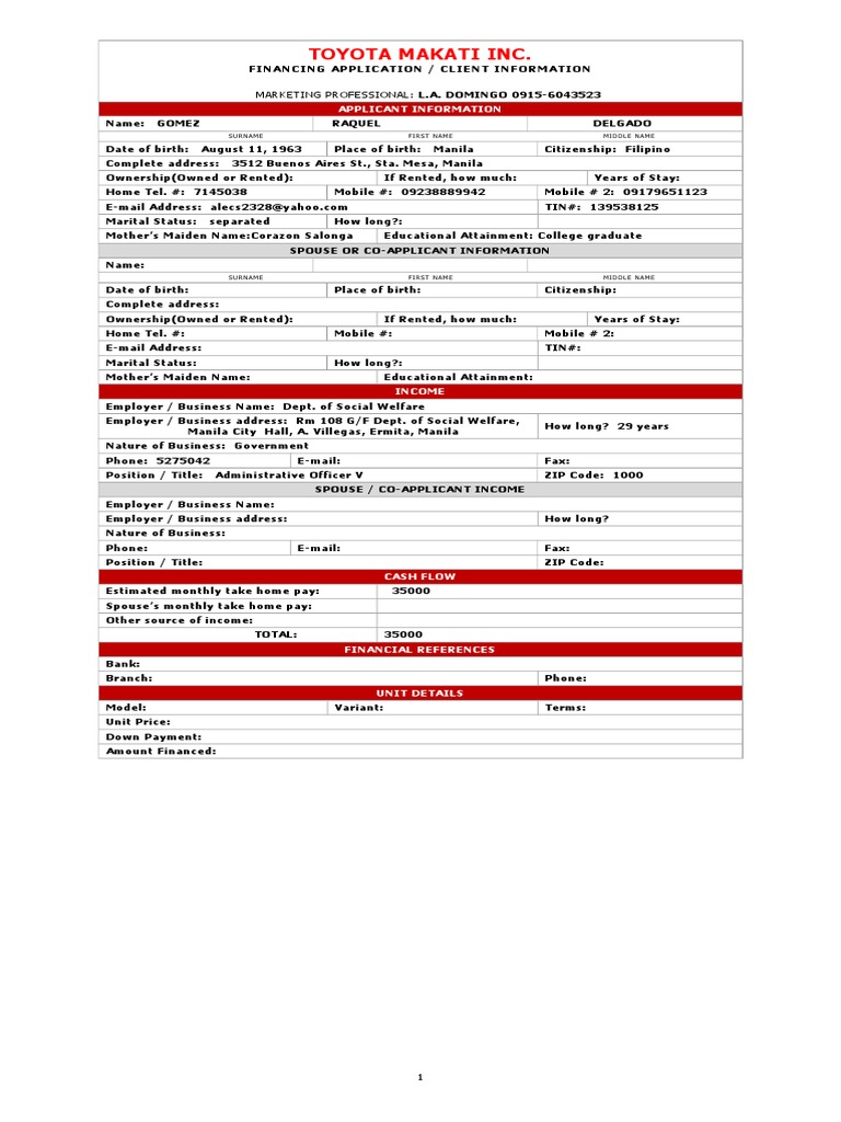 Toyota Makati Financing Application Form | PDF | Manila | Business