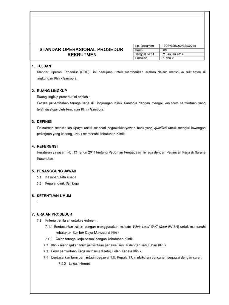 SOP Penerimaan Atau Rekrutmen | PDF