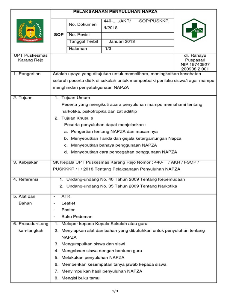Sop Pelaksanaan Penyuluhan Napza | PDF