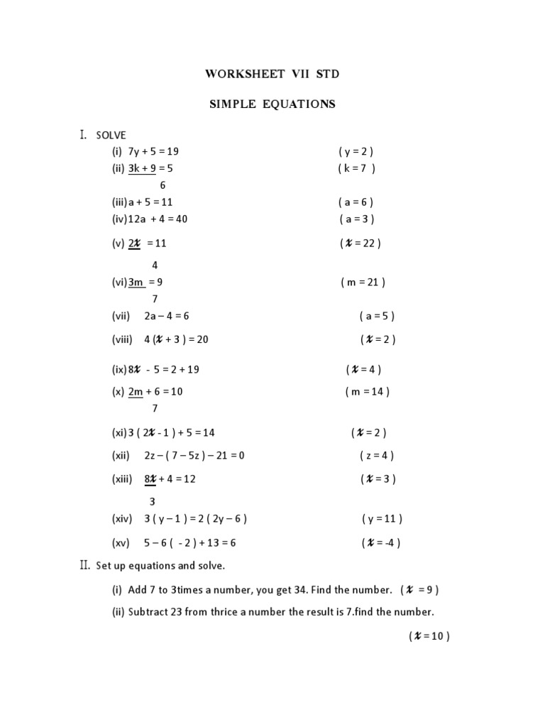 CBSE Clas 7 Maths Worksheet - Simple Equations PDF | PDF | Elementary ...