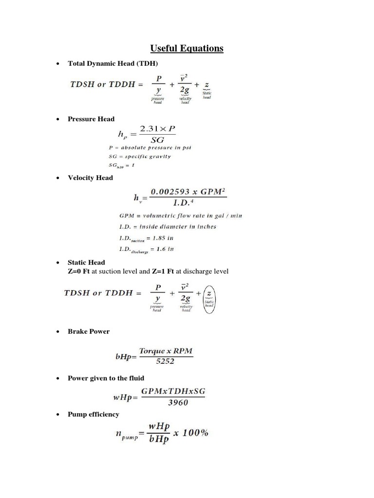 Useful Equations: Total Dynamic Head (TDH) | PDF