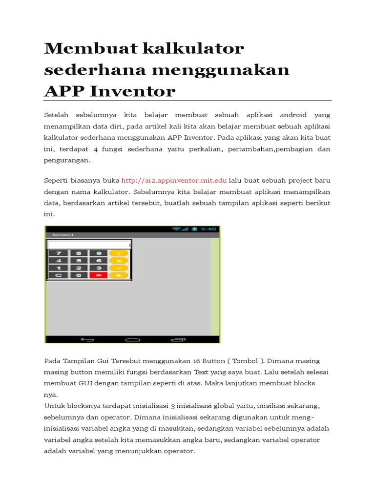 Membuat Kalkulator Menggunakan MIT App Inventor | PDF