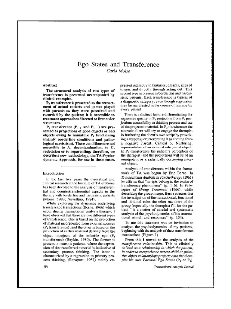 Carlo Moiso 1985 Ego States and Transference | PDF