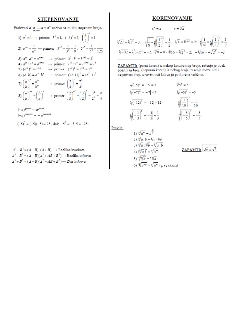 Stepenovanje Korenovanje Teorija | PDF