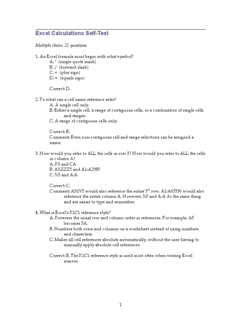Excel Calculations Self-Test Quiz | PDF | Microsoft Excel | Menu ...