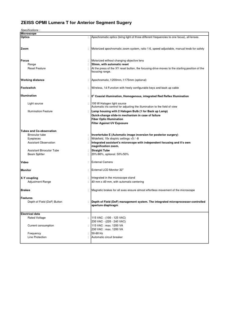 ZEISS OPMI Lumera T Specifications | PDF | Zoom Lens | Lighting