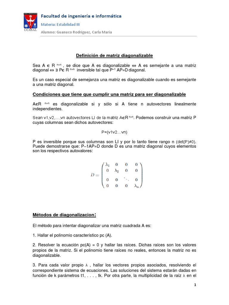 Definición de Matriz Diagonalizable | PDF | Valores propios y vectores ...