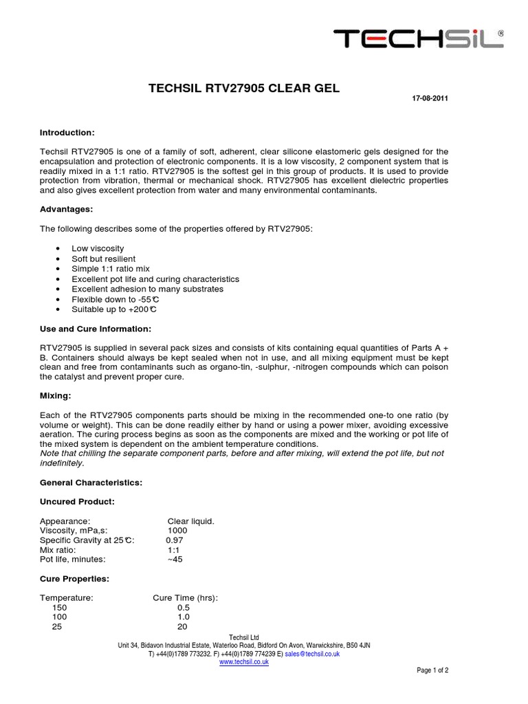 TDS Techsil RTV27905 (Rev. 17.08.2011) | PDF | Gel | Silicone
