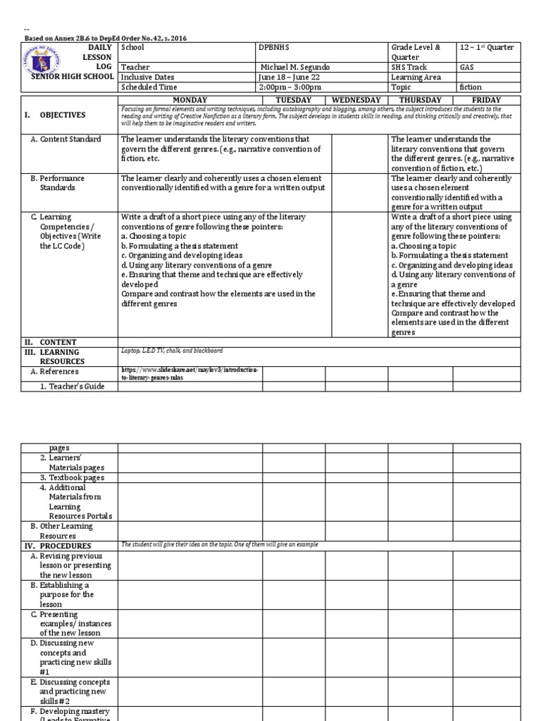 Shs Daily Lesson Log (DLL) Template (By Ms. Gie Serrano) 2 | PDF | Genre | Learning