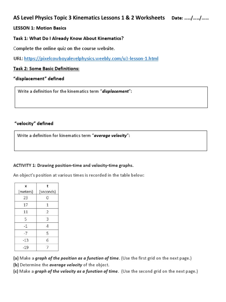 Kinematics Worksheets for AS Level Physics | PDF | Velocity | Acceleration