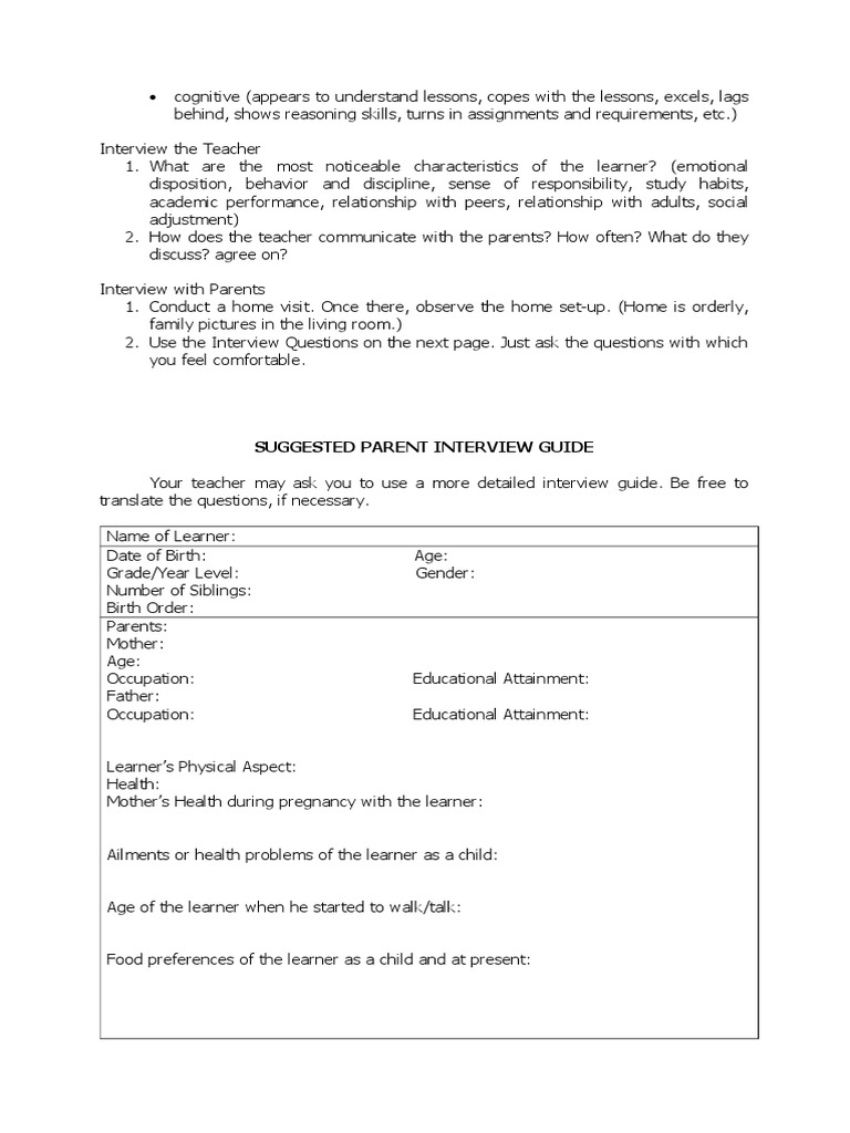 Suggested Parent Interview Guide | PDF | Sibling | Parent
