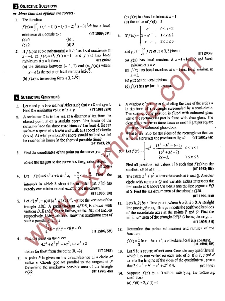 JEE Questions Maxima Minima | PDF | Maxima And Minima | Area