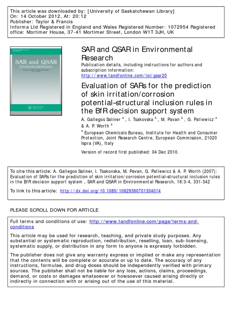 SAR and QSAR in Environmental Research | PDF | Sensitivity And ...