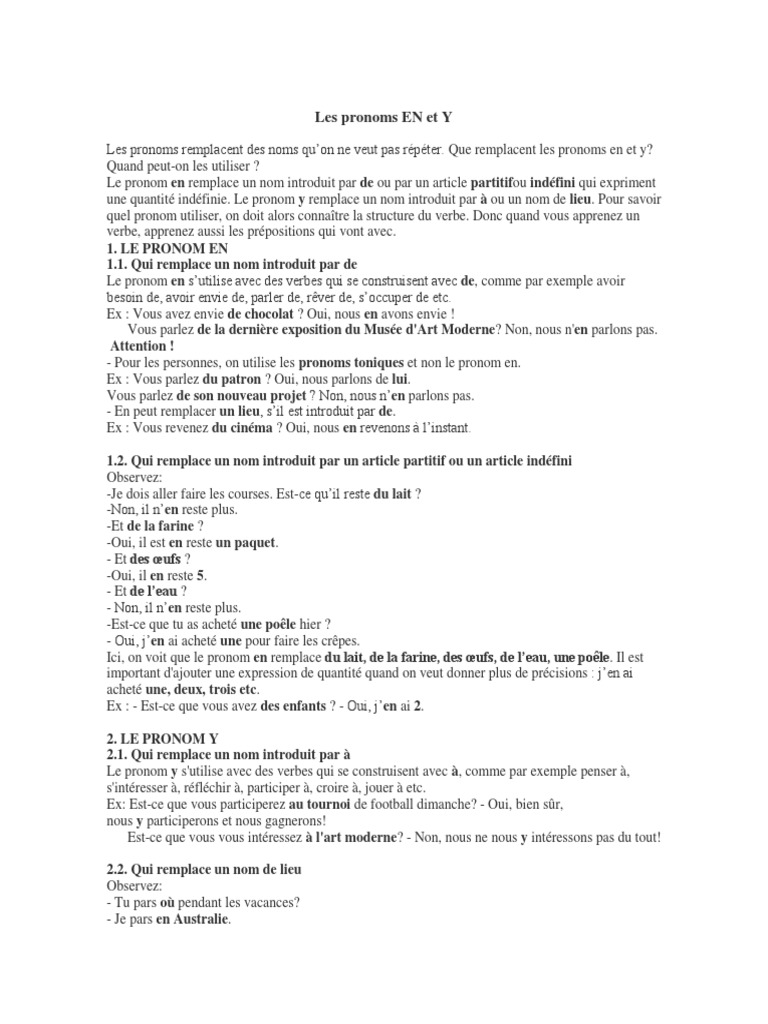 Utilisation des pronoms Y et EN | PDF | Pronom | Verbe