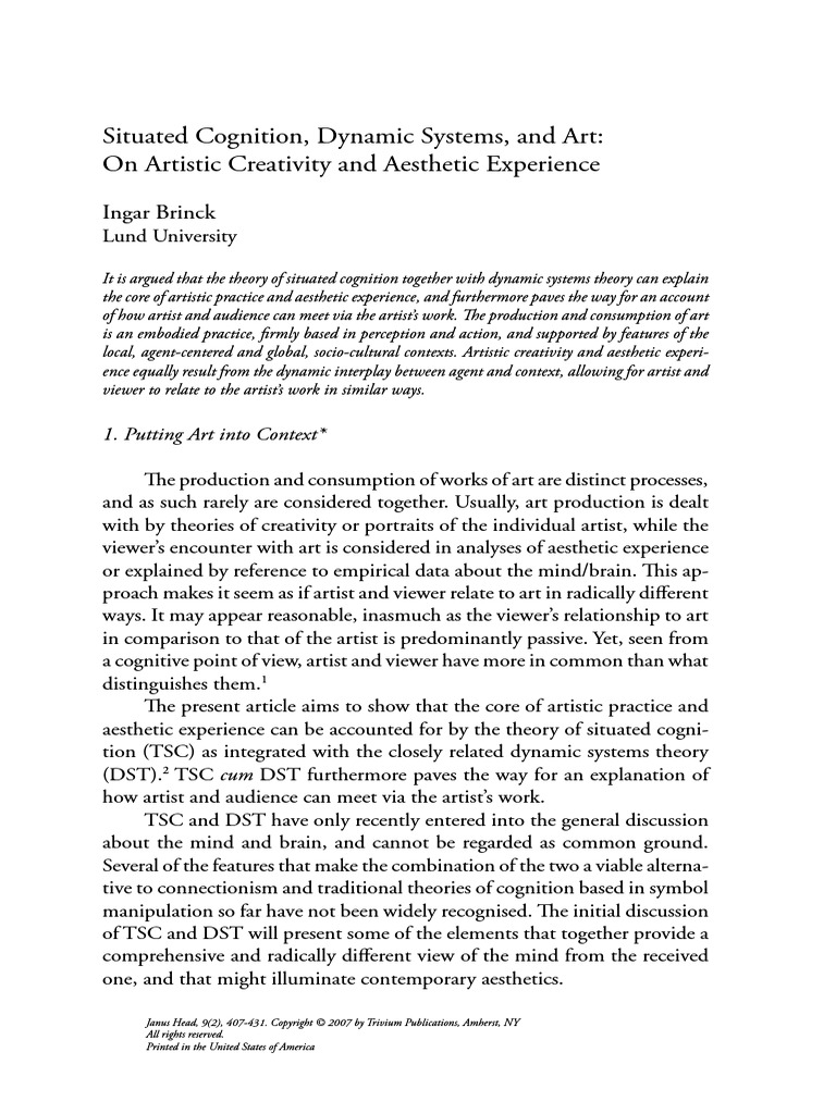 Situated Cognition Dynamic Systems and Art | PDF | Perception | Thought Situated Cognition Dynamic Systems and Art | PDF | Perception | Thought