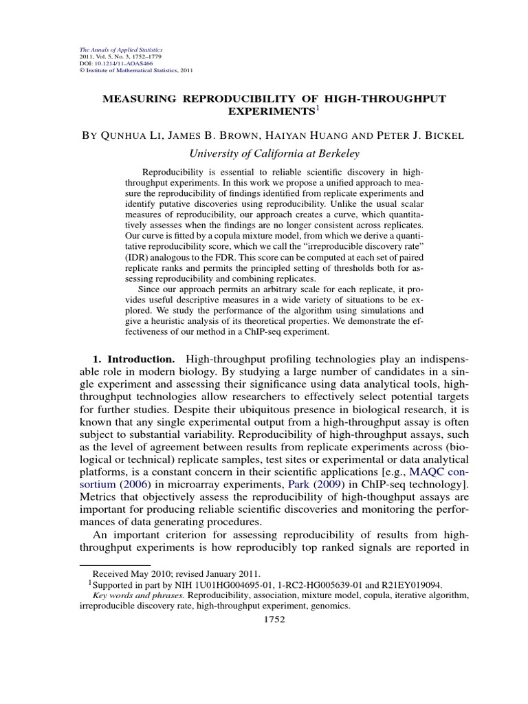 Measuring Reproducibility of High-Throughput Experiments: University of California at Berkeley ...