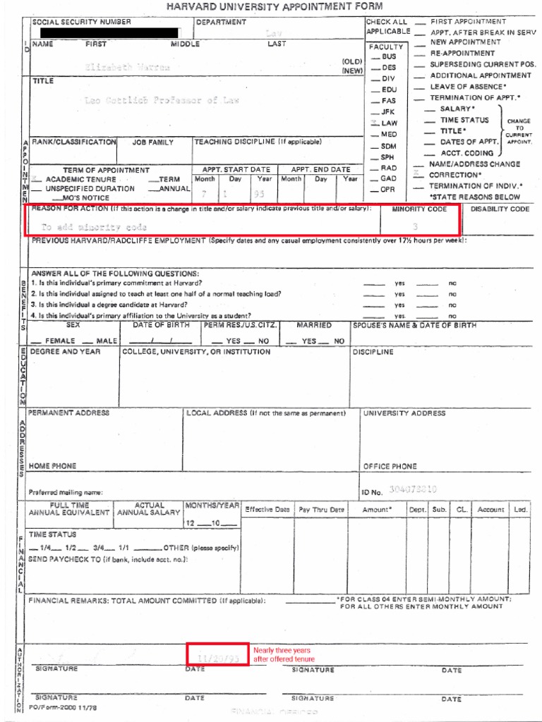 Elizabeth Warren Harvard Personnel Paperwork | PDF