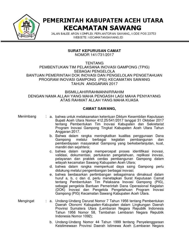 Contoh Format Surat Penetapan Camat Tentang Program Inovasi Desa 2017 ...