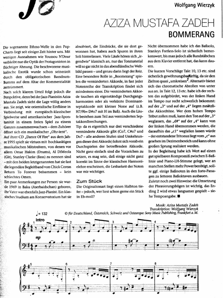 PIANO SHEETS - Ru Aziza Moustafa Zadeh Bommerang 6p | PDF