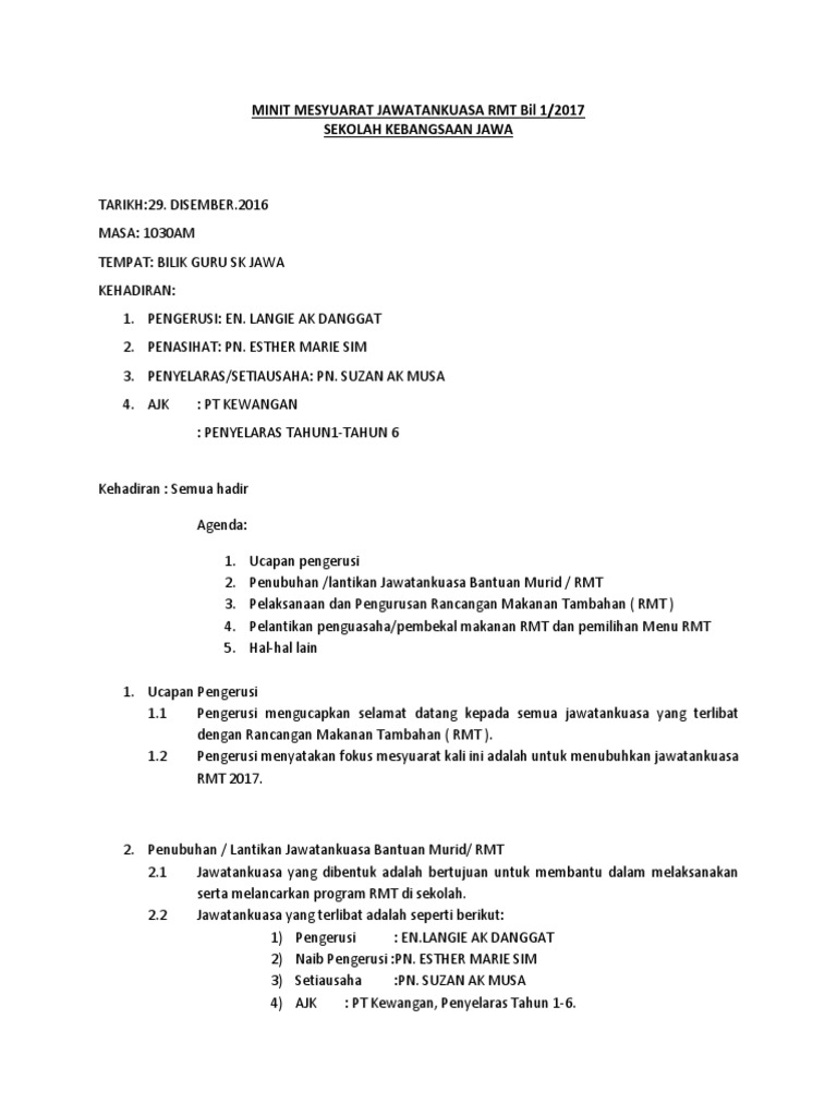 MINIT MESYUARAT JAWATANKUASA RMT Bil 12017 | PDF