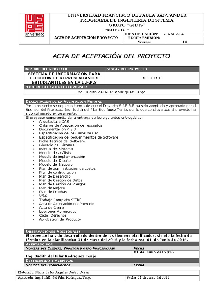 Acta De Aceptacion De Proyecto
