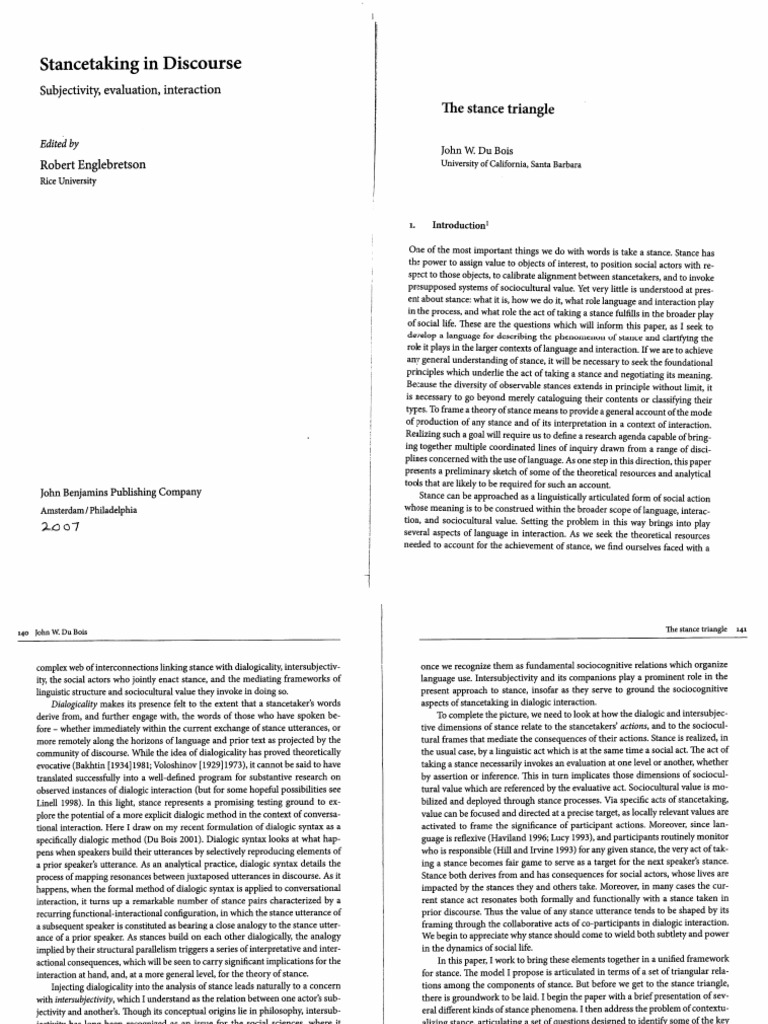 Stancetaking in Discourse: The Stance Triangle | PDF | Cognitive ...