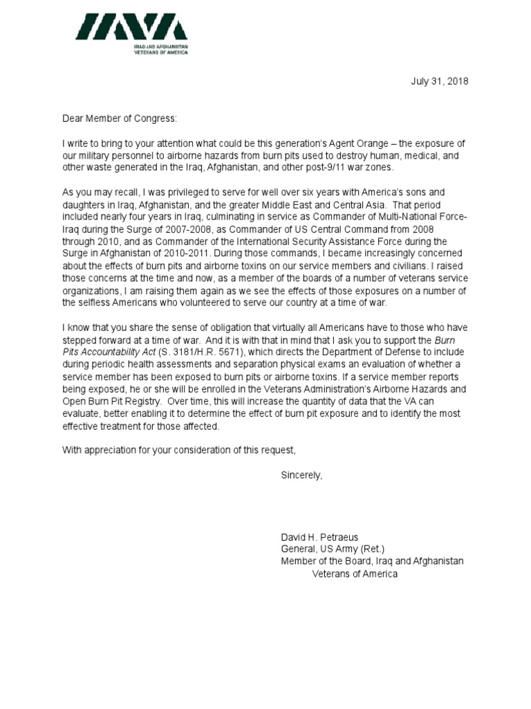 IAVA Burn Pit Letter To Congress (July 2018) | PDF | David Petraeus ...