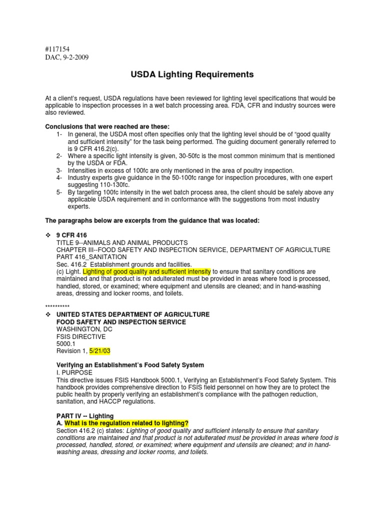 USDA Lighting Requirements | PDF | Regulatory Compliance | Food Safety