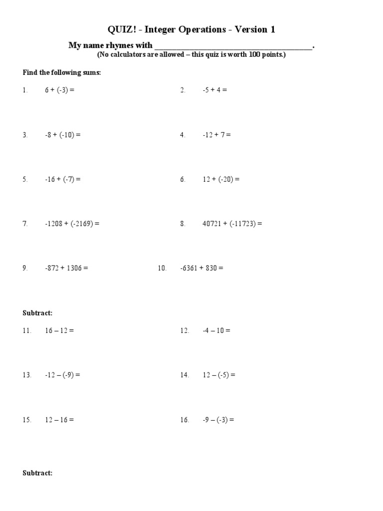 QUIZ! - Integer Operations - Version 1: My Name Rhymes With | PDF ...